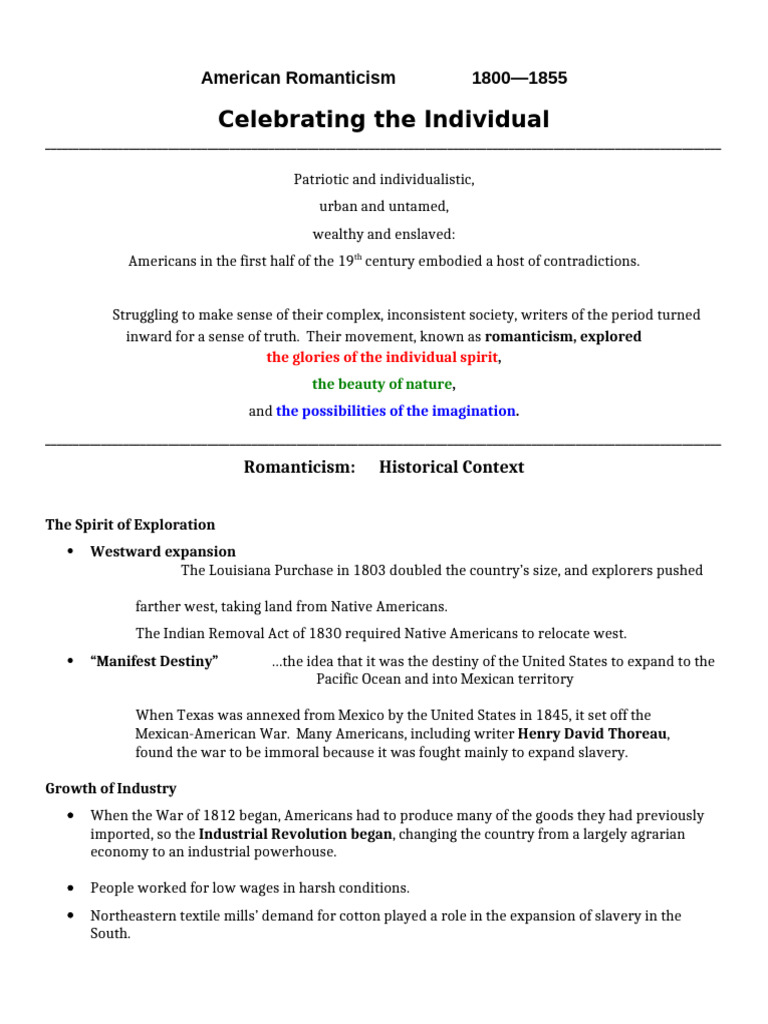 American Romanticism: Individualism & Nature | PDF | Transcendentalism ...