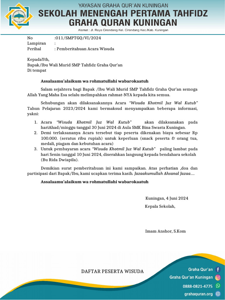 Pemberitahuan Wisuda SMP Tahfidz 2024 | PDF