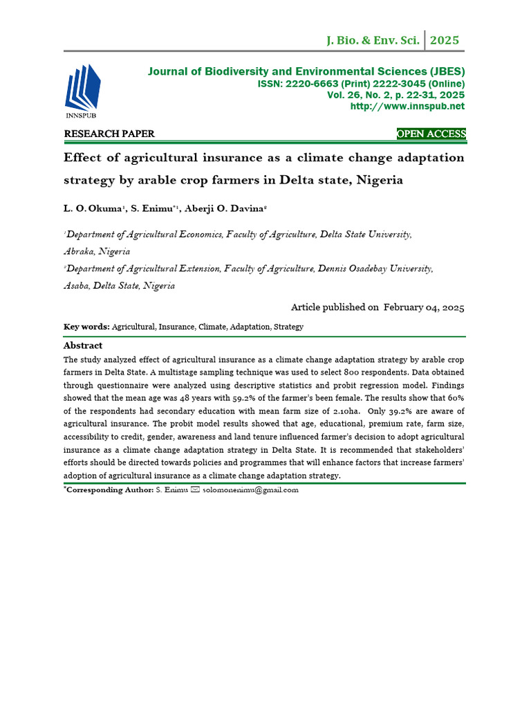Effect of Agricultural Insurance As A Climate Change Adaptation ...