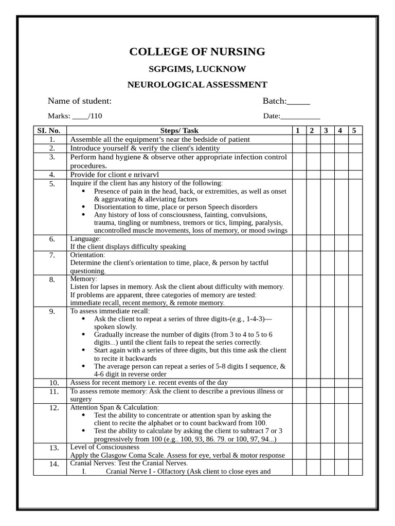 Neurological Assessment | PDF | Human Head And Neck | Neurology