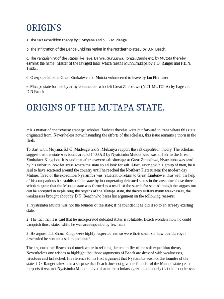 Origins and Politics of the Mutapa State | PDF