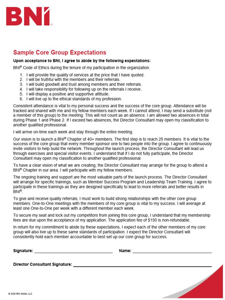BNI Core Group Member Expectations | PDF