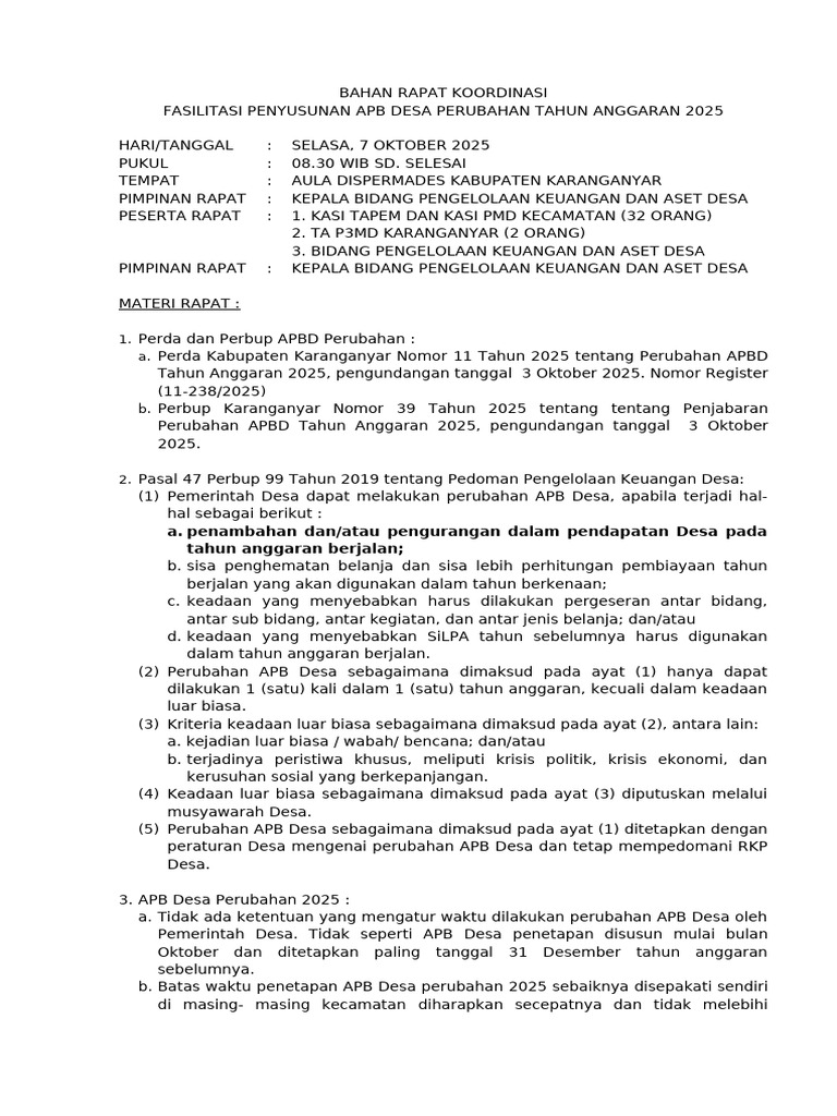 Rapat Koordinasi APB Desa 2025 Karanganyar | PDF