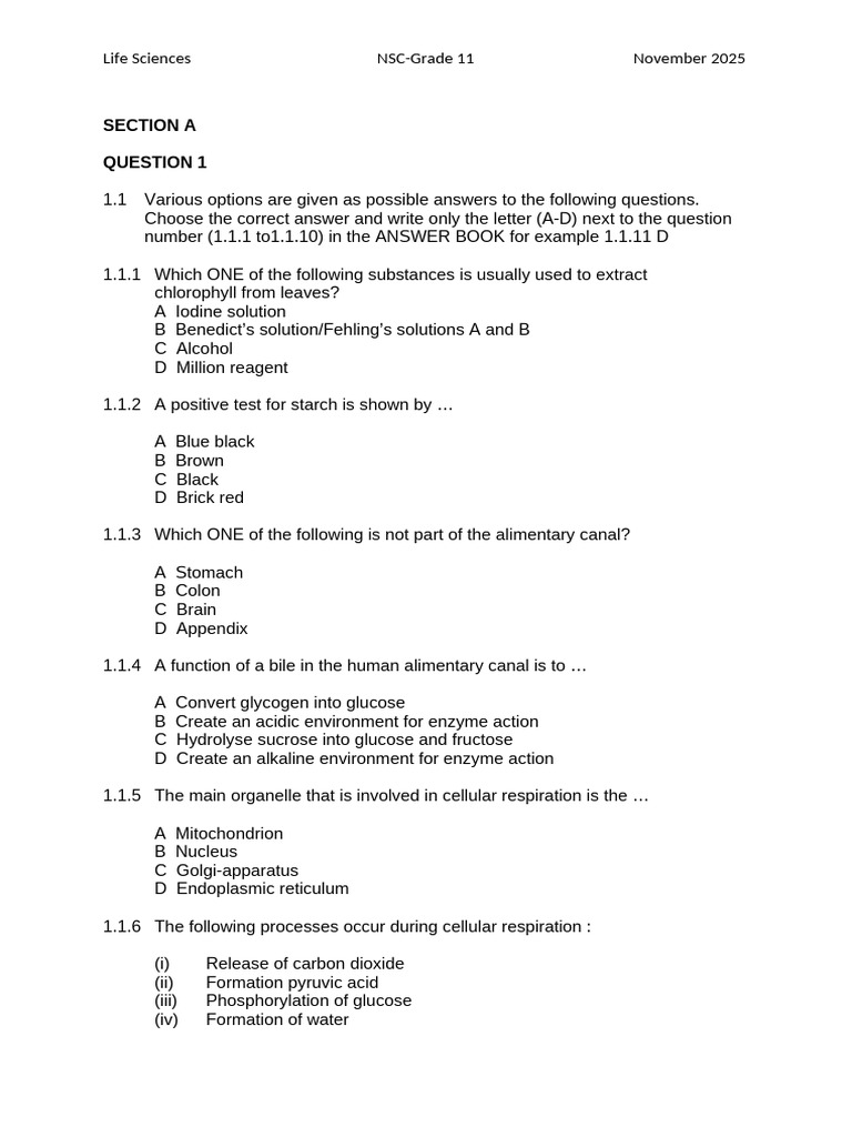 SECTION A - Life Science Test | PDF | Cellular Respiration | Glucose
