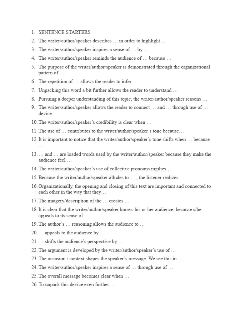 Analysis Sentence Starters | PDF | Evidence | Human Communication