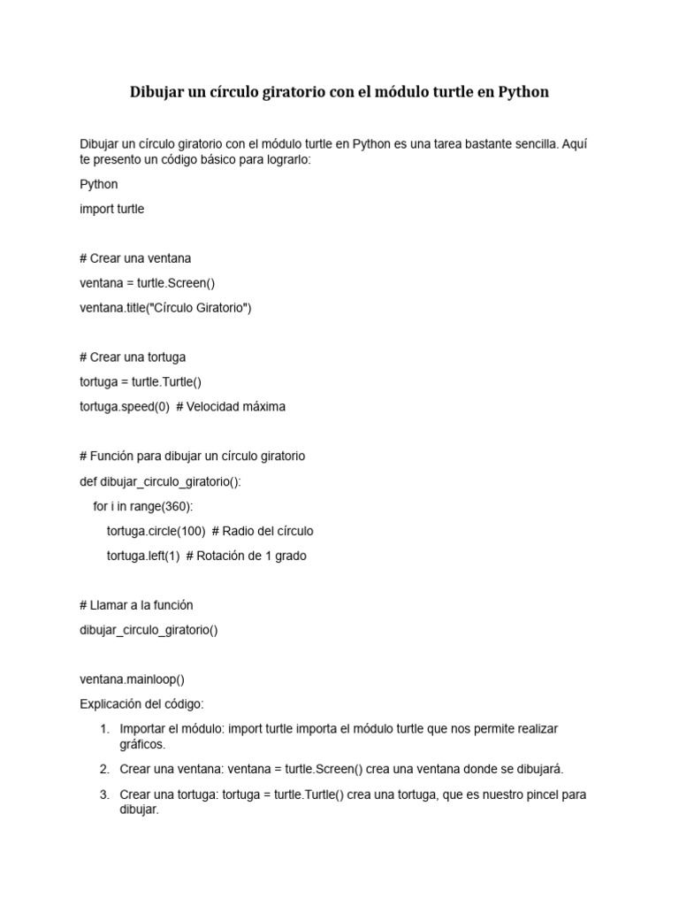 Dibujar Un Círculo Giratorio Con El Módulo Turtle en Python | PDF | Python (lenguaje de ...