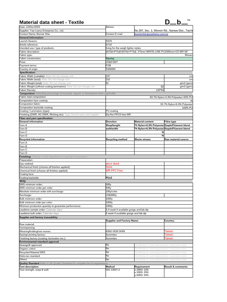 Textile Material Data Sheet - SS25 Lining | PDF | Textiles | Yarn