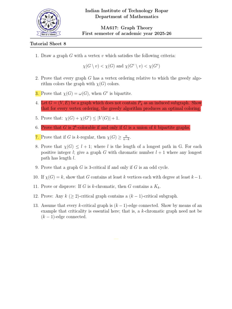 Graph Theory Tutorial Sheet 8 | PDF