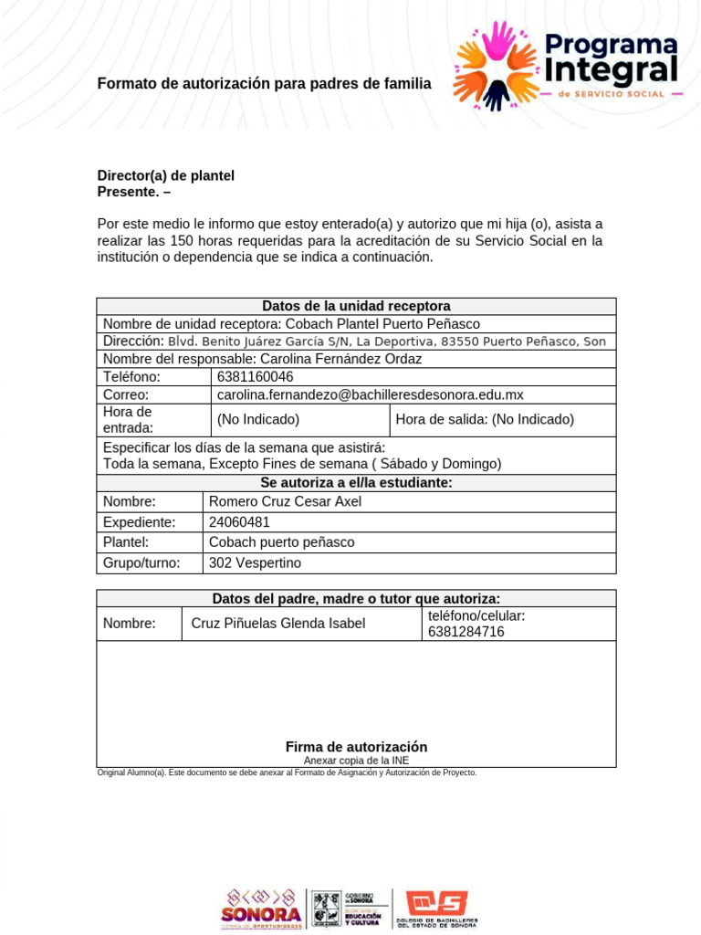Formato de Autorización para Padres 25-26 | PDF
