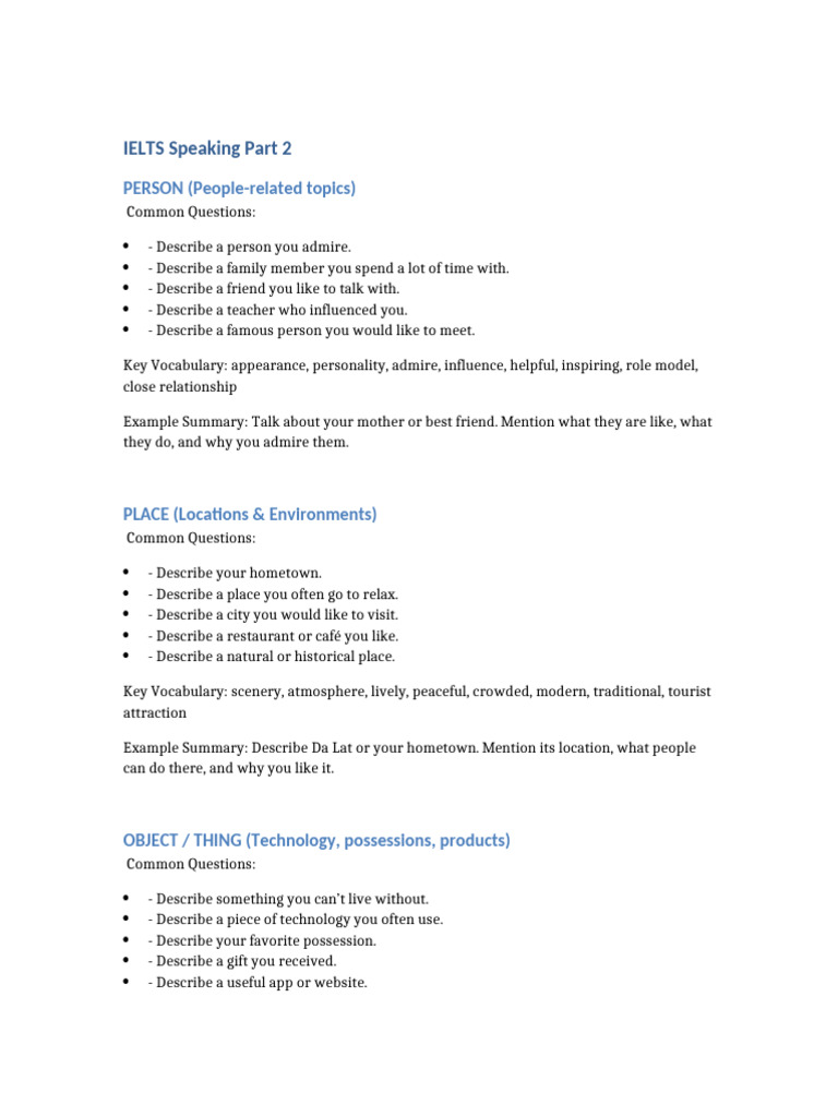 IELTS Speaking Part2 Topic Study Table | PDF | Experience | Behavioural ...