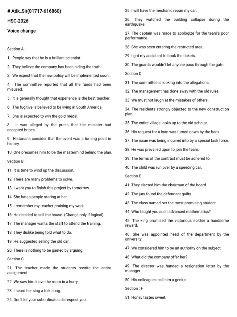 Voice Change Exercises for HSC-2026 | PDF
