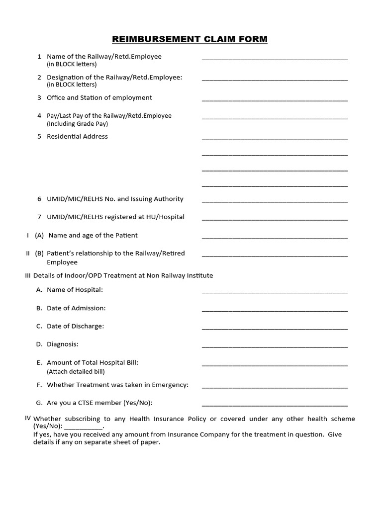 Medical Reimbursement Claim Form Railway | PDF | Hospital