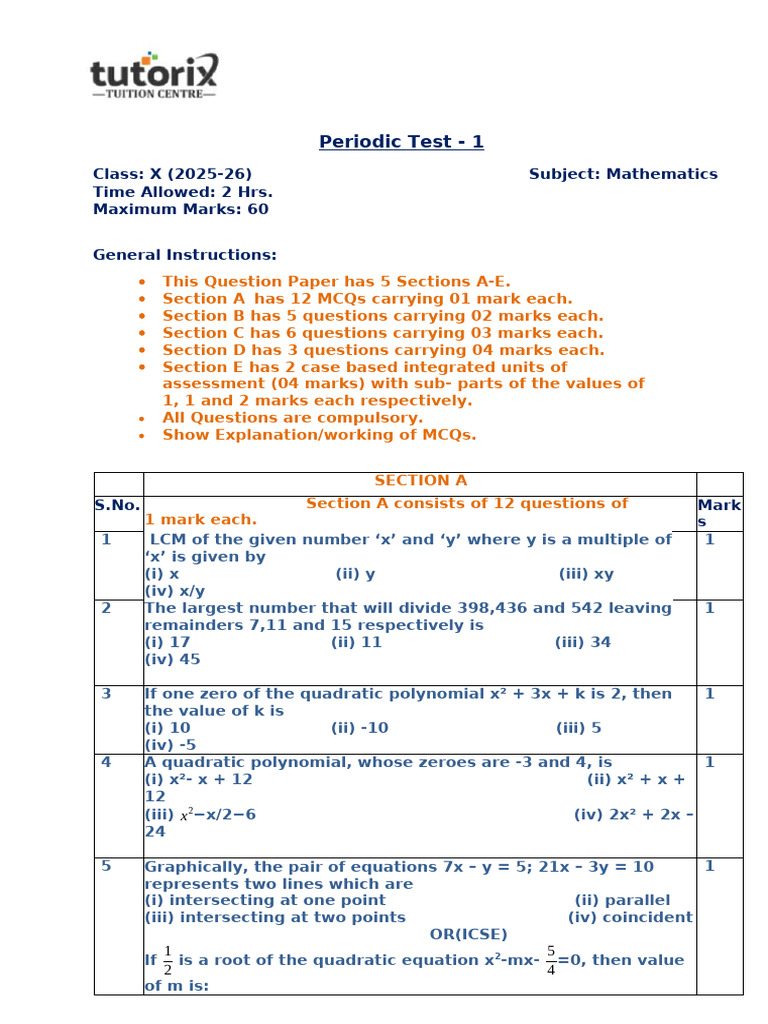 Class X Mathematics Periodic Test 1 | PDF | Polynomial | Quadratic Equation