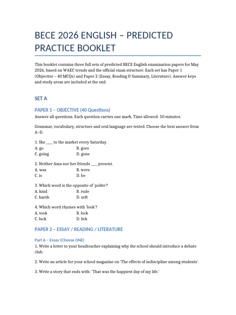 BECE 2026 English Practice Booklet | PDF | English Language | Linguistics