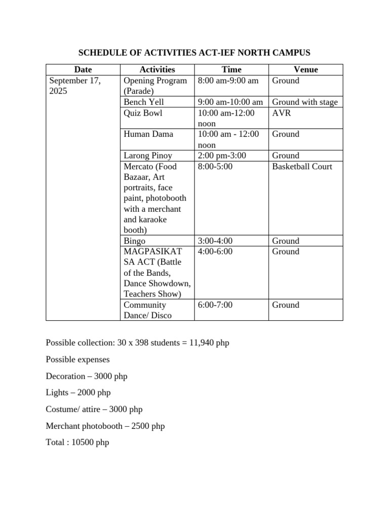 ACT North Campus Activity Schedule 2025 | PDF
