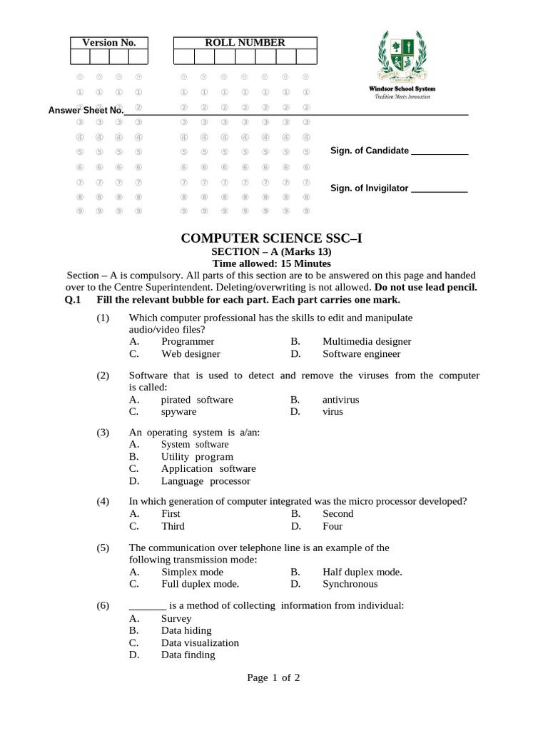 Computer Science SSC-I Exam Answer Sheet | PDF | Duplex ...