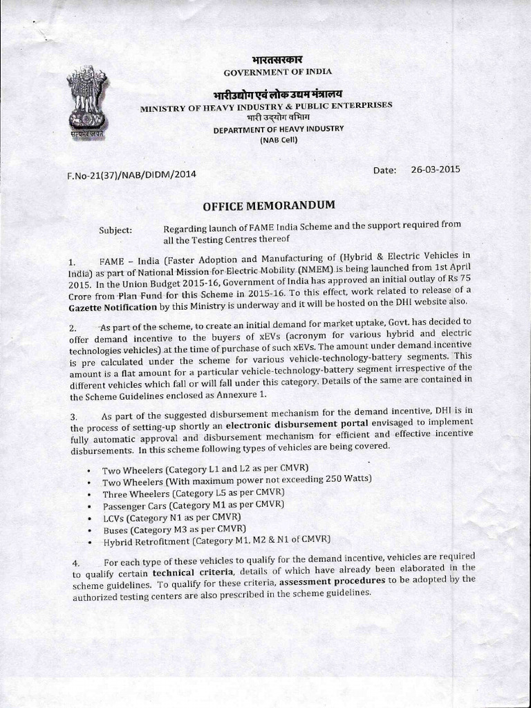 FAME India: Electric Vehicle Adoption Scheme | PDF | Hybrid Vehicle ...
