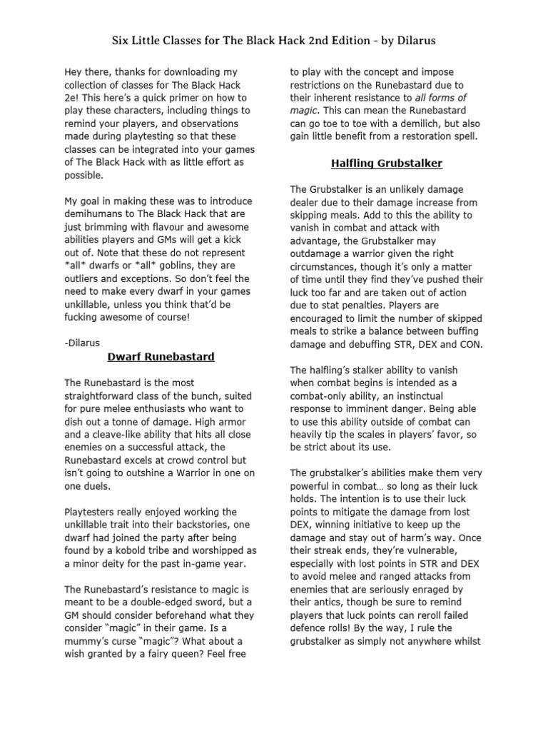 Unique Classes for The Black Hack 2E | PDF | Role Playing Games ...