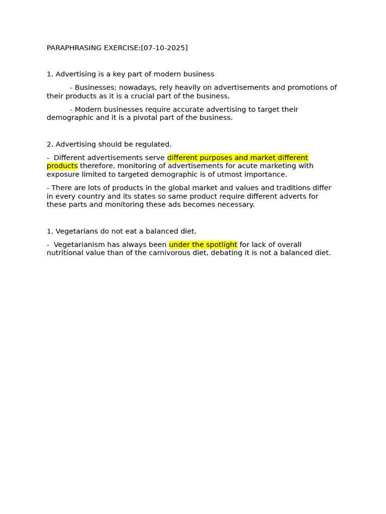 Paraphrasing Exercise | PDF