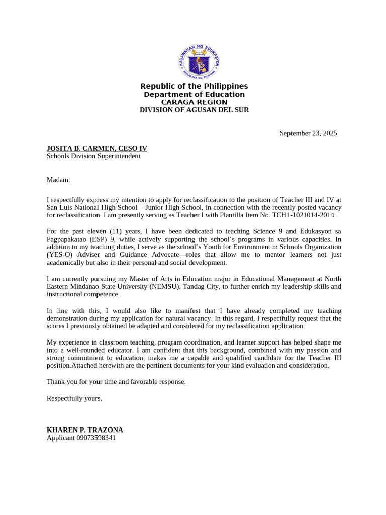 Application for Teacher III Reclassification | PDF