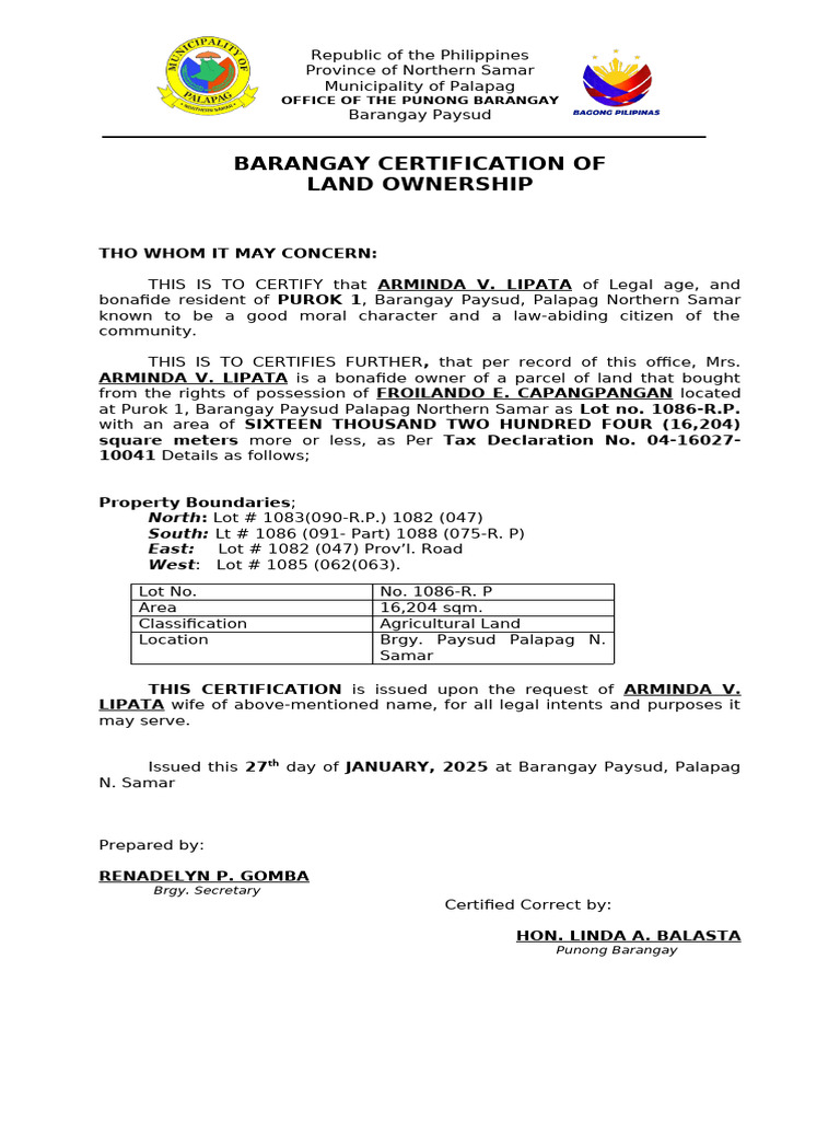 Barangay Land Ownership Certification | PDF