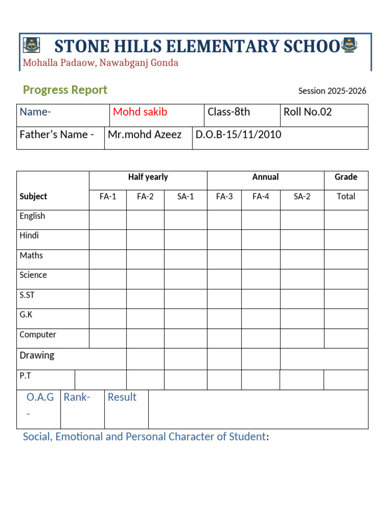 Class 8 Progress Report 2025-2026 | PDF