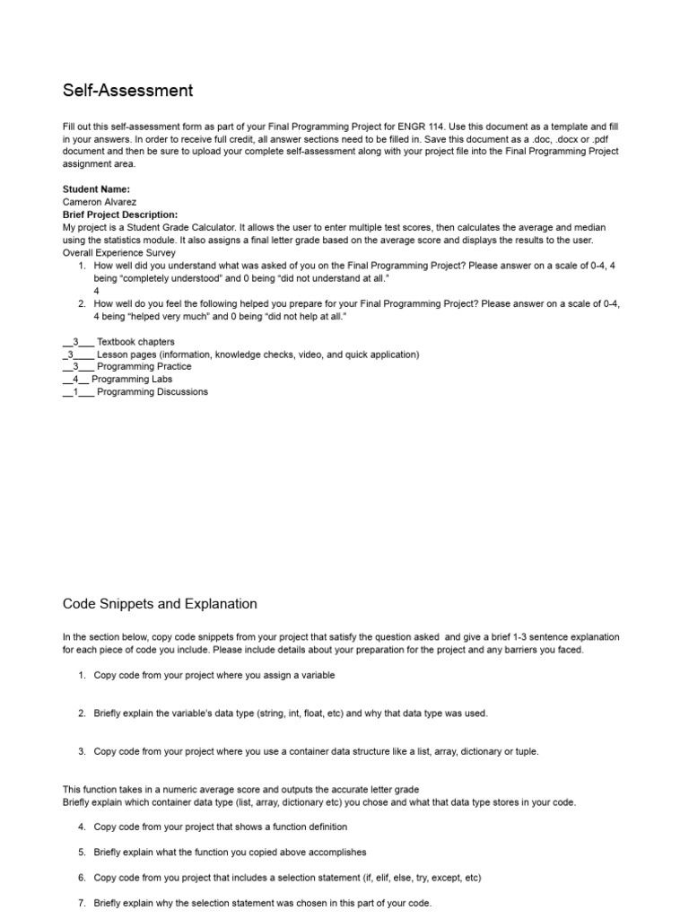 ENGR 114 Final Project Self-Assessment | PDF | Computer Science | Computing
