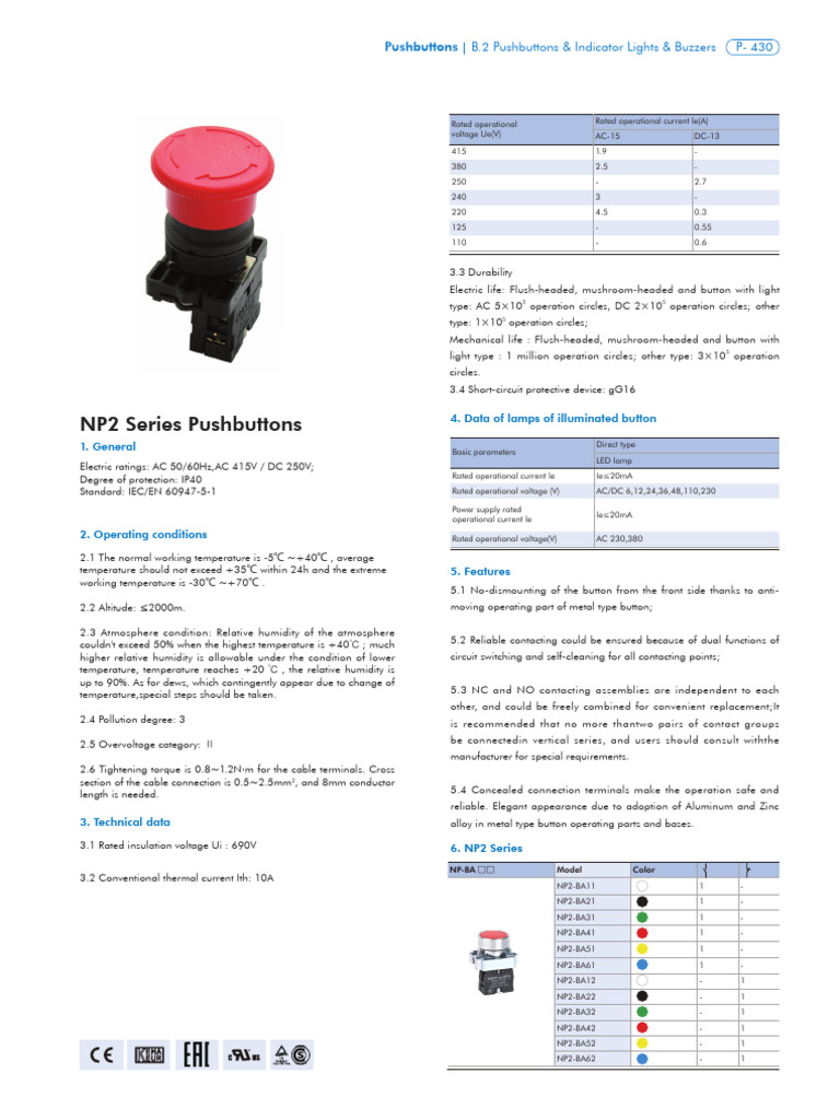 NP2 Series Pushbuttons Overview | PDF | Alternating Current | Power Supply