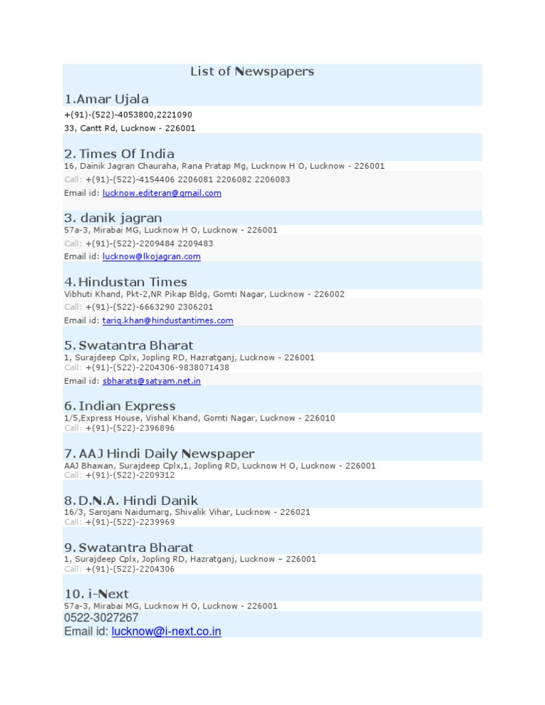 Lucknow Newspaper Directory | PDF