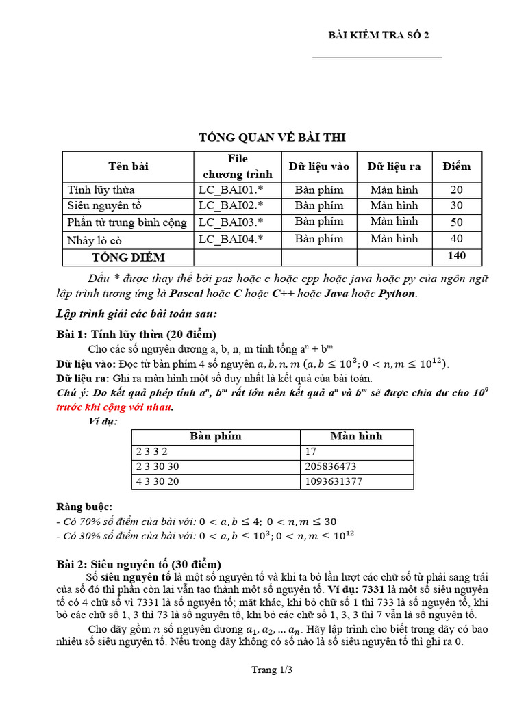 Ổ Ề chương trình ữ ệ ữ ệ Điể: T Ng Quan V Bài Thi Tên bài File D li u vào D li ura m | PDF