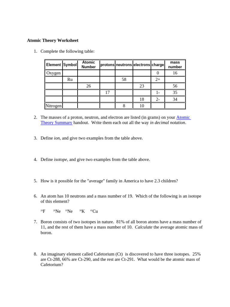 Atomic Theory Worksheet | PDF