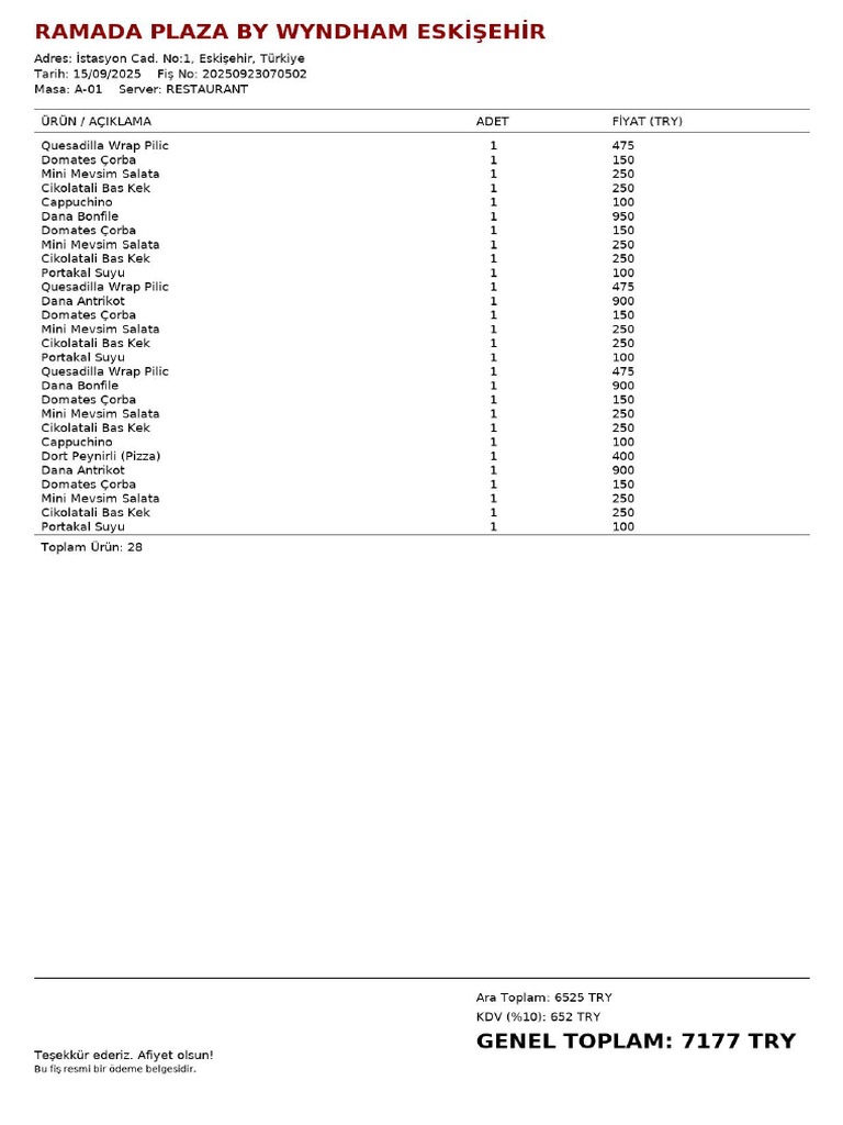Ramada Eskisehir Dinner Receipts Textlogo | PDF