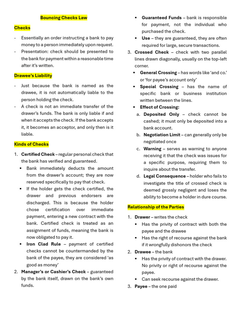 Bouncing Check Reviewer | PDF | Cheque | Banks