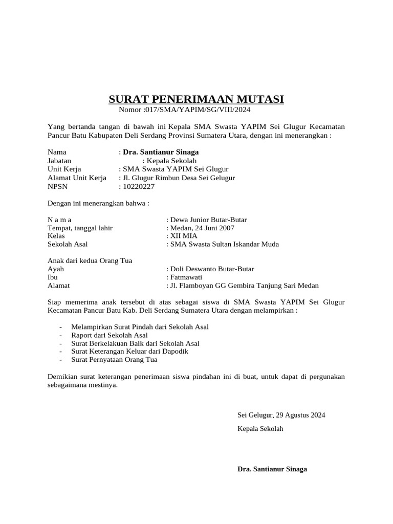 SURAT Rekomendasi Mutasi Masuk | PDF