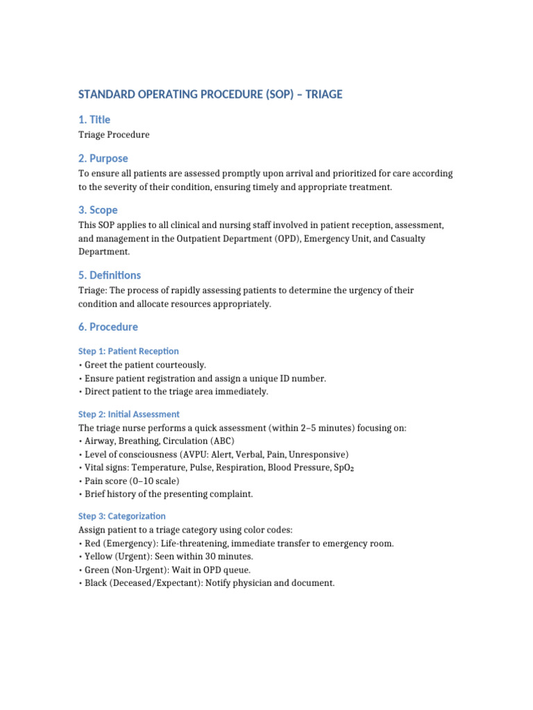Triage SOP | PDF | Emergency Department | Patient