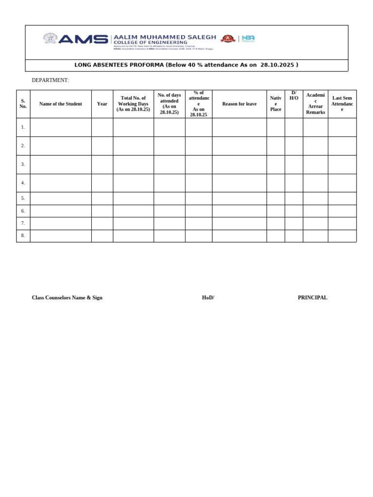Long Absentees Proforma - First Year To Final Year | PDF