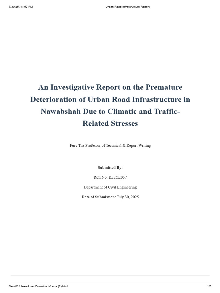 Urban Road Infrastructure Report | PDF | Road Surface | Road