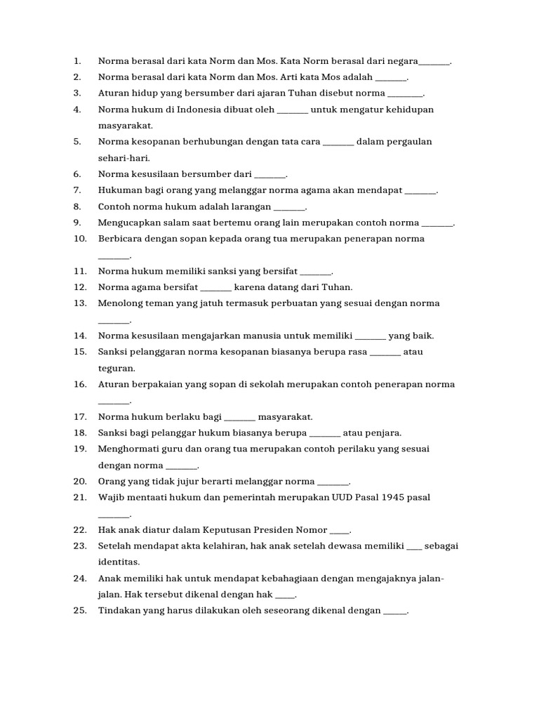 Soal Isian Singkat Norma SD Kelas6 | PDF