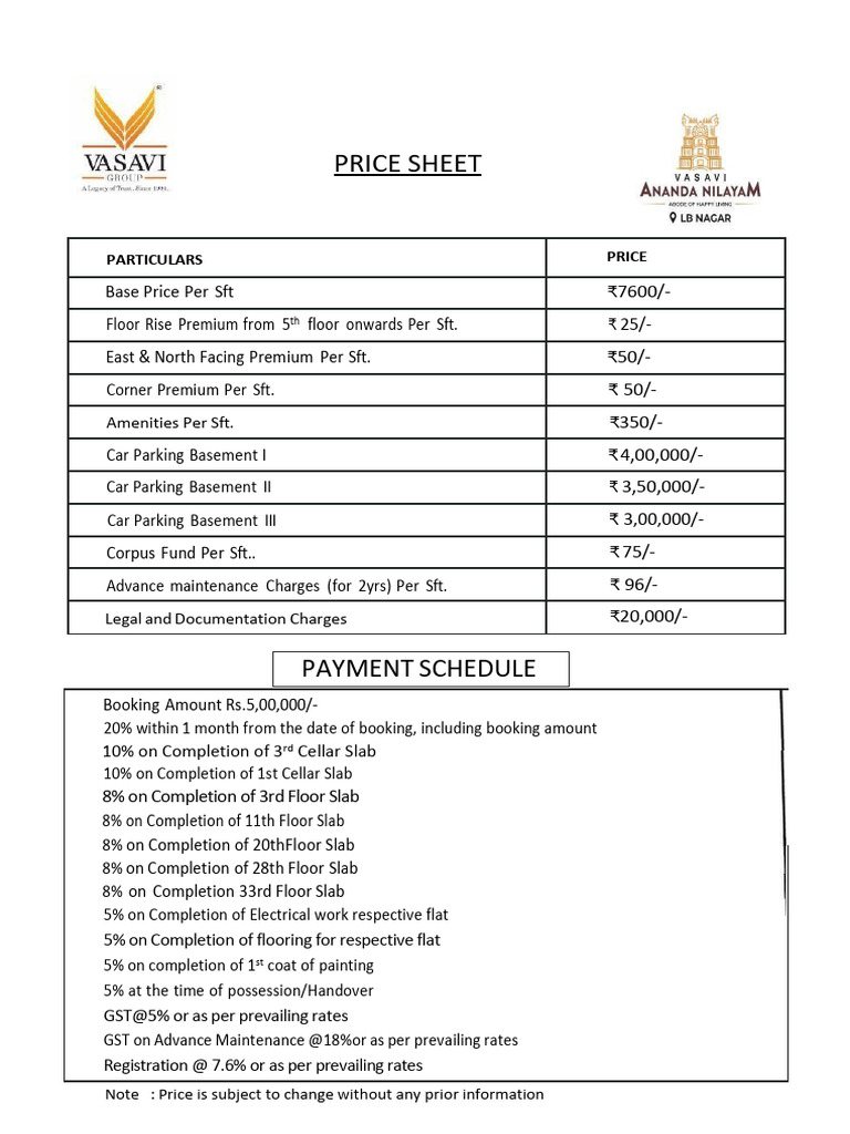 Ananda Nilayam Updated Price Sheet | PDF