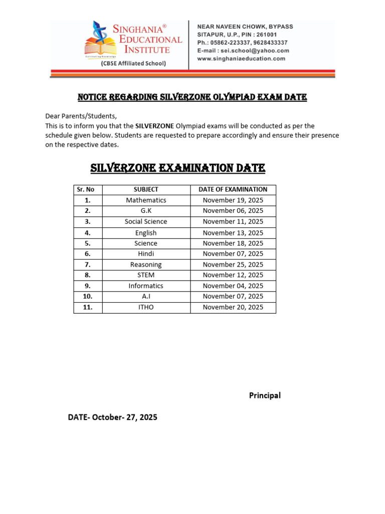 Silverzone Olympiad Exam Dates 2025 | PDF