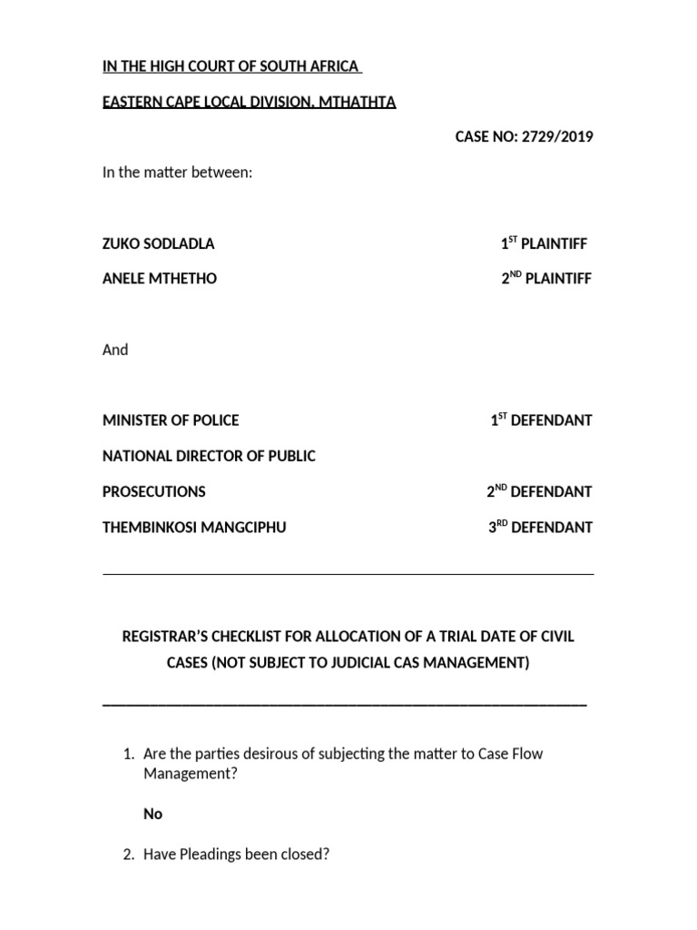 Registrar's Checklist For Allocation of A Trial Date of Civil Cases ...