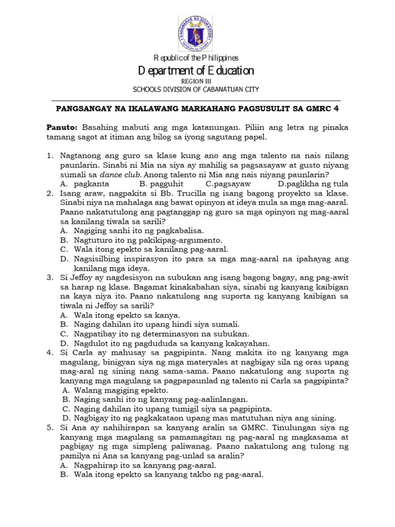 GMRC 4 Division Second Quarter Exam. Final Docx | PDF