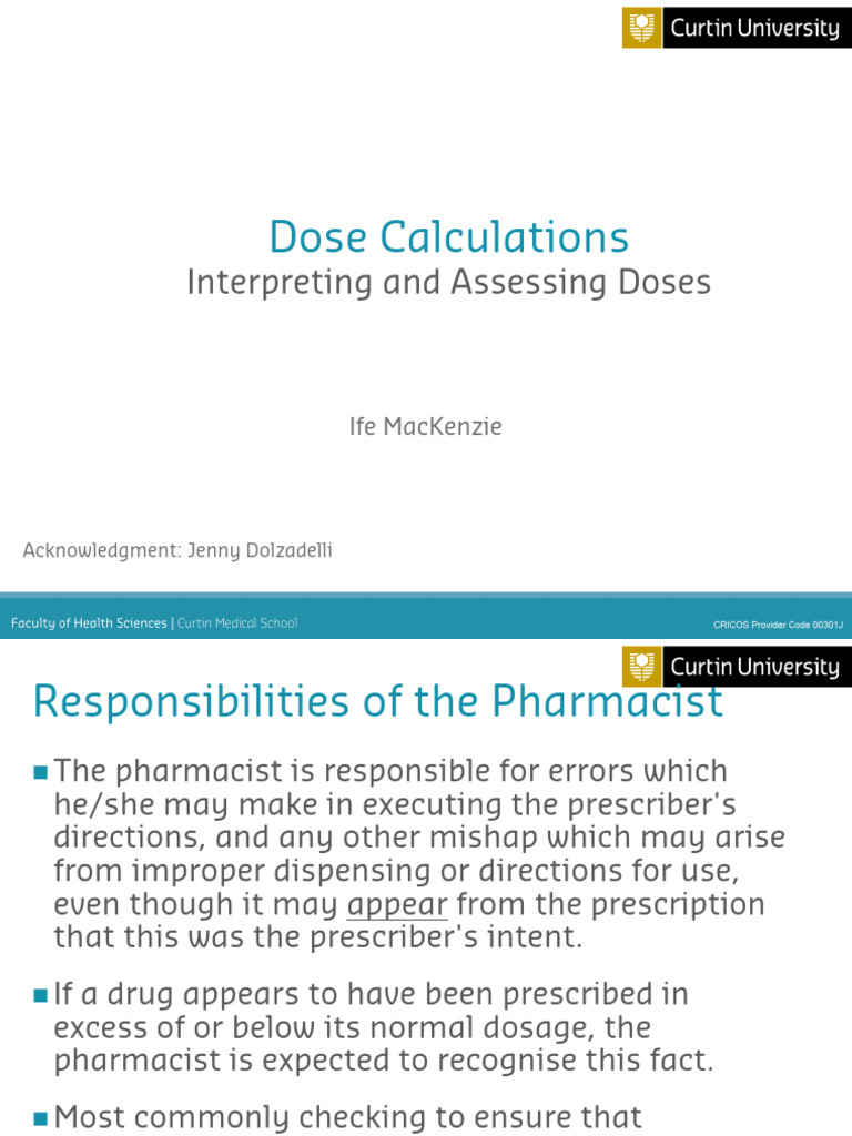 Dose Calculations - Handout - 2024(1) | PDF | Chemistry | Dose ...