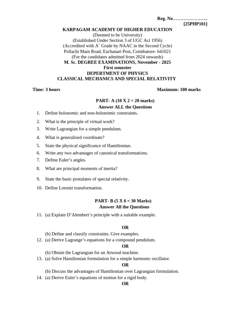 M.Sc. Physics Exam: Classical Mechanics & Relativity | PDF | Lagrangian ...