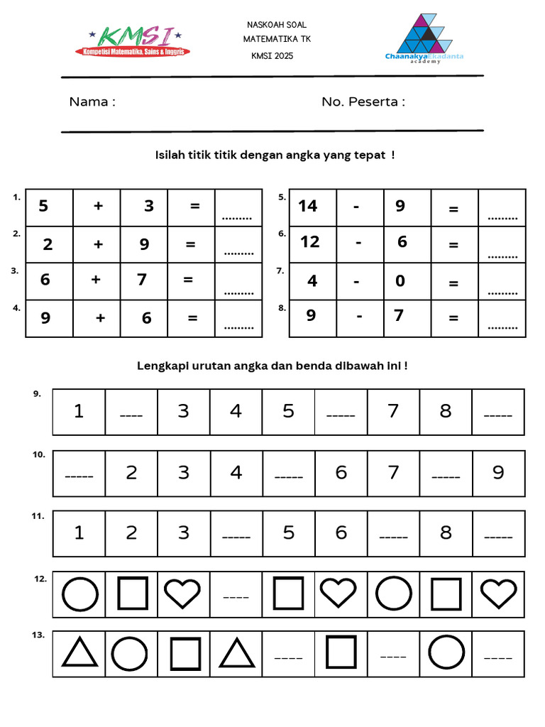 Soal Matematika TK KMSI 2025 | PDF