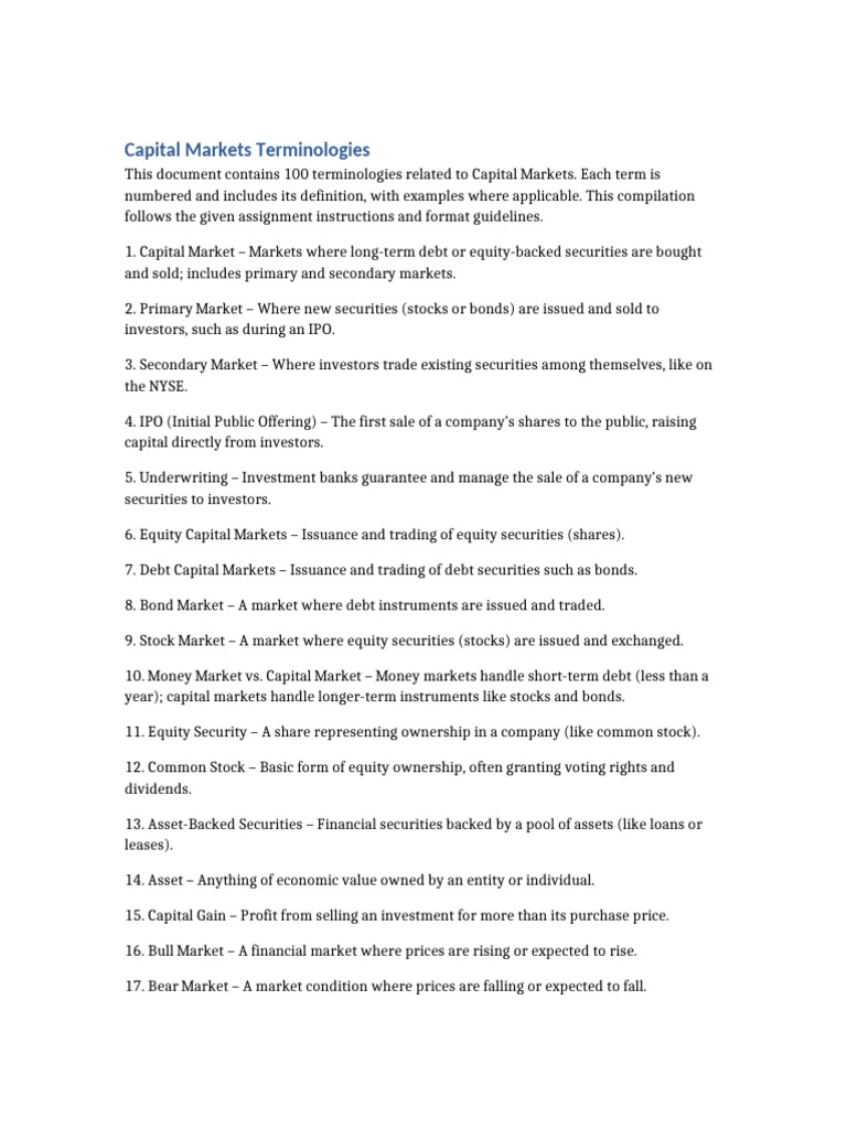 100 Essential Capital Markets Terms | PDF | Stocks | Securities (Finance)