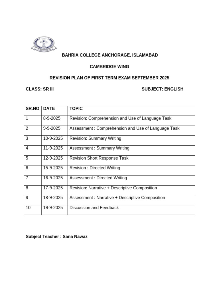 SR III English Revision Plan First Term September2025 | PDF