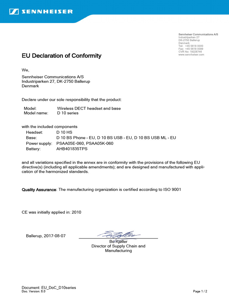 EU Declaration of Conformity D 10 Series | PDF | Electrical Engineering ...