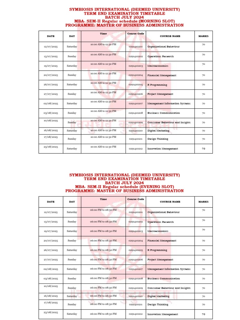 Timetable MBA Sem 2 Jul 2024 | PDF | Master Of Business Administration | Business Economics