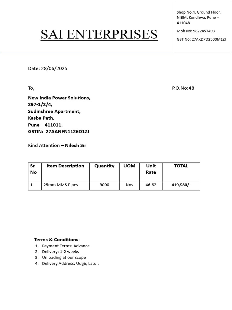 SAI Enterprises Invoice for MMS Pipes | PDF